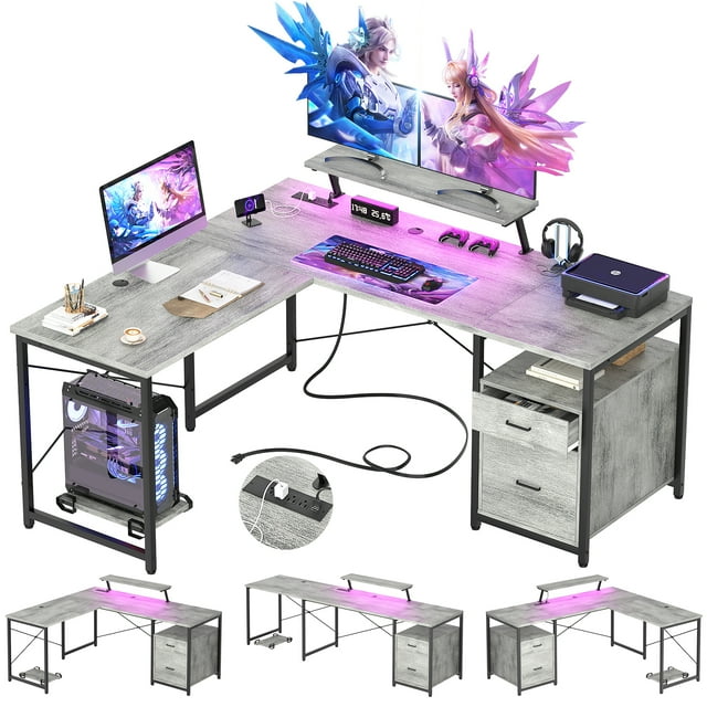 Homieasy L-Shaped Desk with LED Strip, Power Outlet, Storage, Monitor ...