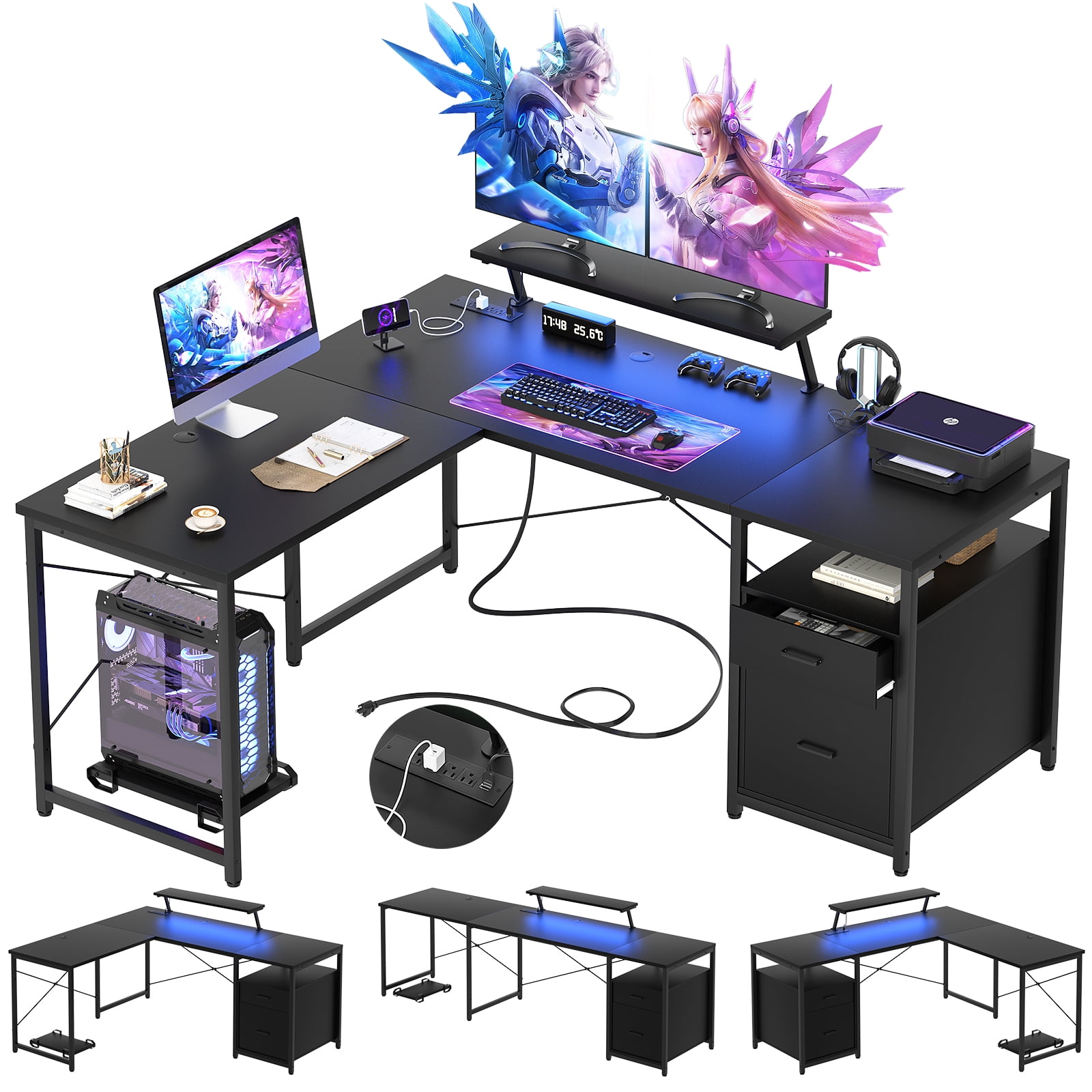Homieasy L Shaped Desk with Power Outlet and LED Strip, 94.5 Inch ...