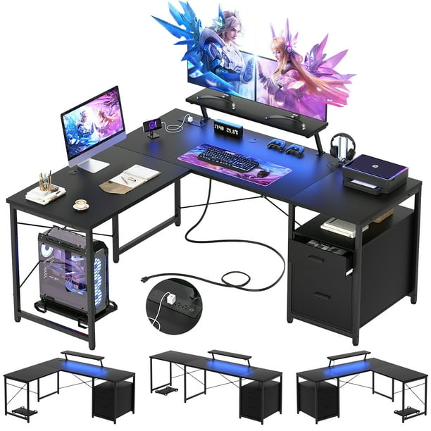 Homieasy L-Shaped Gaming Desk with LED Strip, Power Outlet, Drawers ...