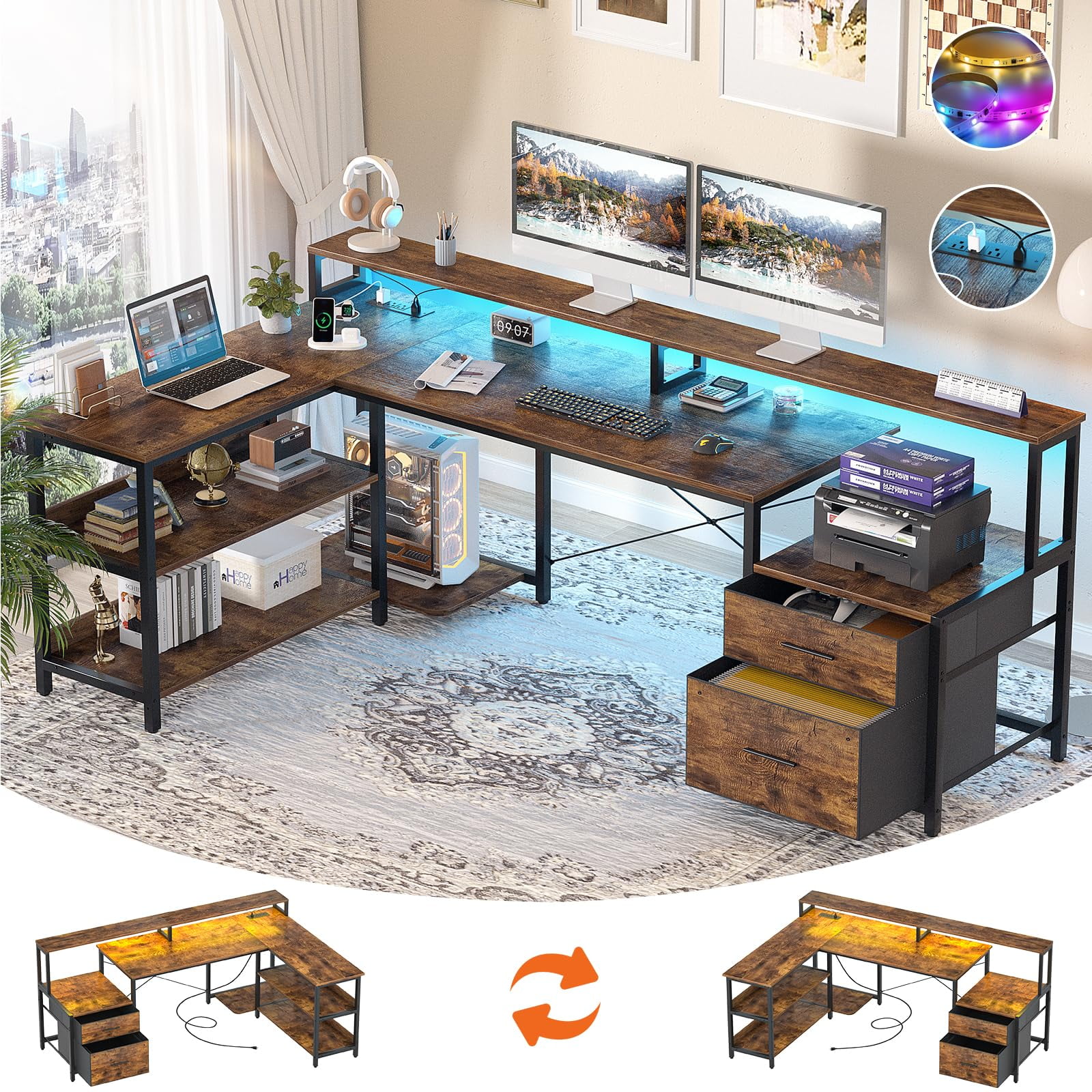 Homieasy L Shaped Desk With Power Outlet Reversible Desk With Drawer Gaming Desk With Led