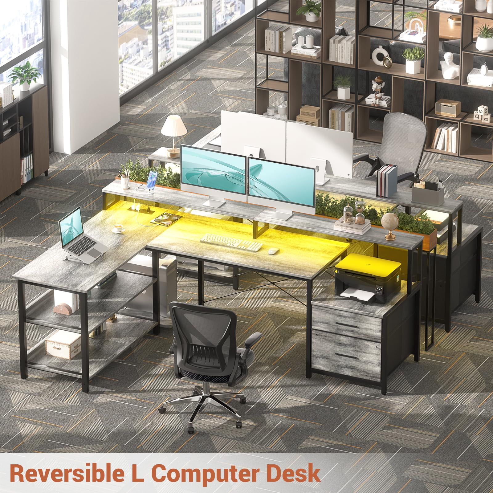 Homieasy L Shaped Desk with Power Outlet, Reversible L Shaped Computer ...