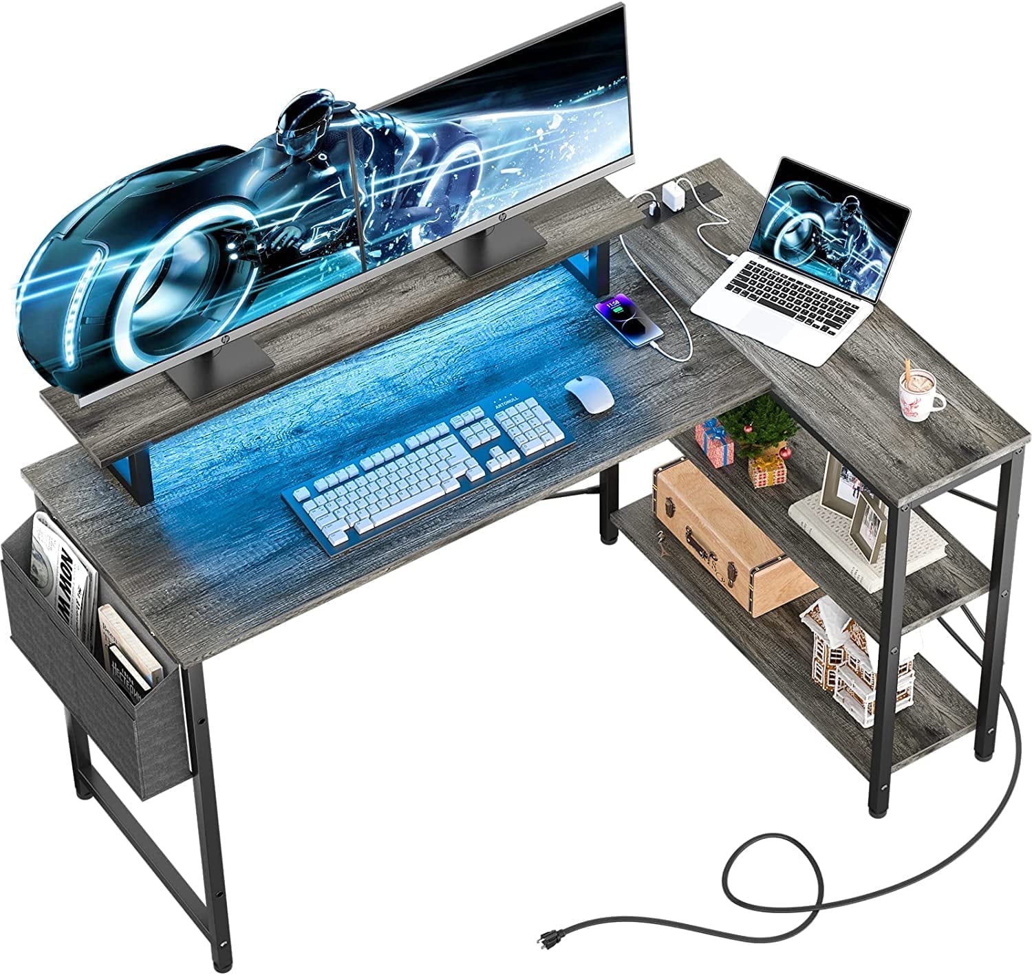 Homieasy L Shaped Desk with Power Outlet, USB & LED, 47 Inch Reversible ...