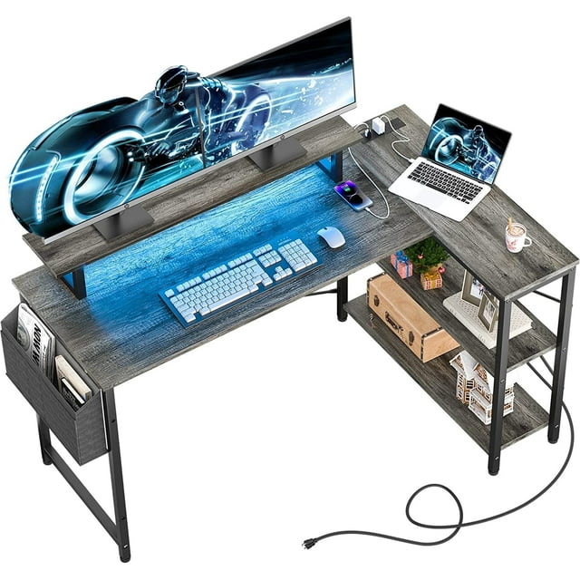 Homieasy L Shaped Desk with Power Outlet, USB & LED, 47 Inch Reversible ...