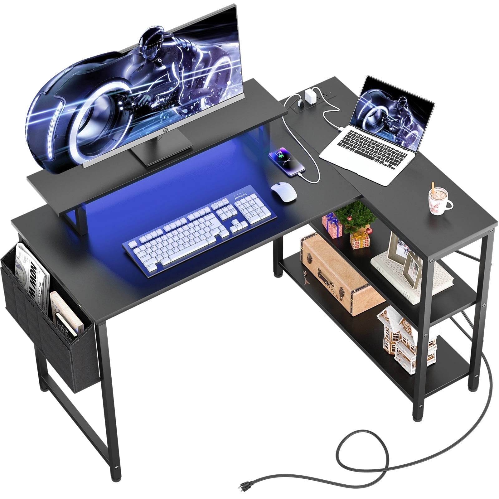 Homieasy L Shaped Desk with Power Outlet & USB Port, 47 Inch Reversible ...