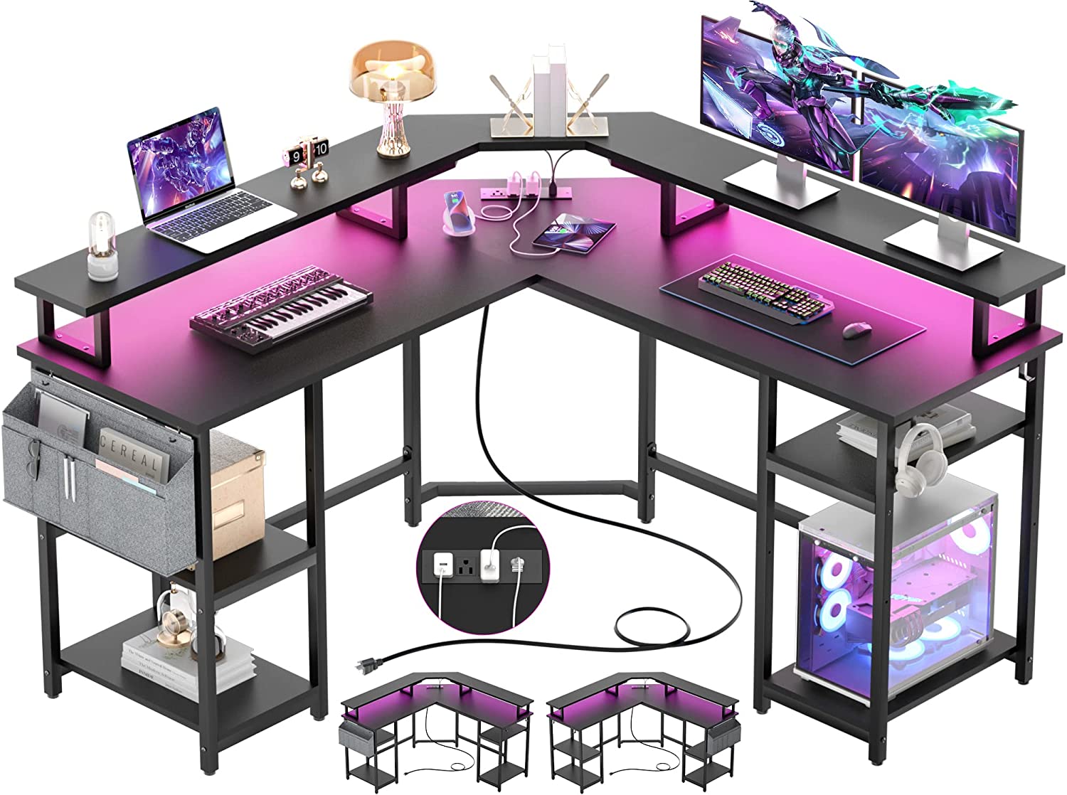 48 inch Reversible L Shaped Gaming Desk with USB Charging Port & Power ...