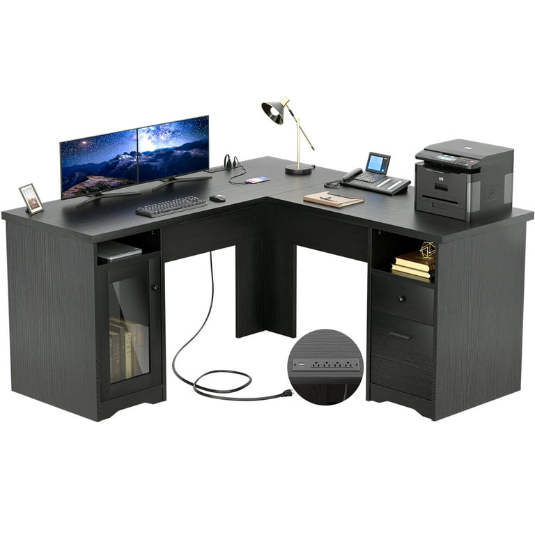 Unikito L Shaped Office Desk with Drawer 60 inch Computer Desk with Power Outlet USB Charging Port Large Corner Desk with File Cabinets 2