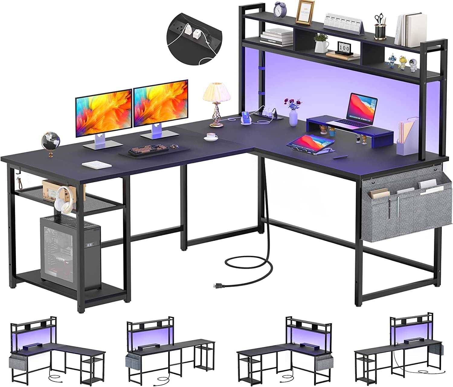 Homieasy L-Shaped Gaming Desk, Monitor Stand & LED, Storage, USB Ports ...
