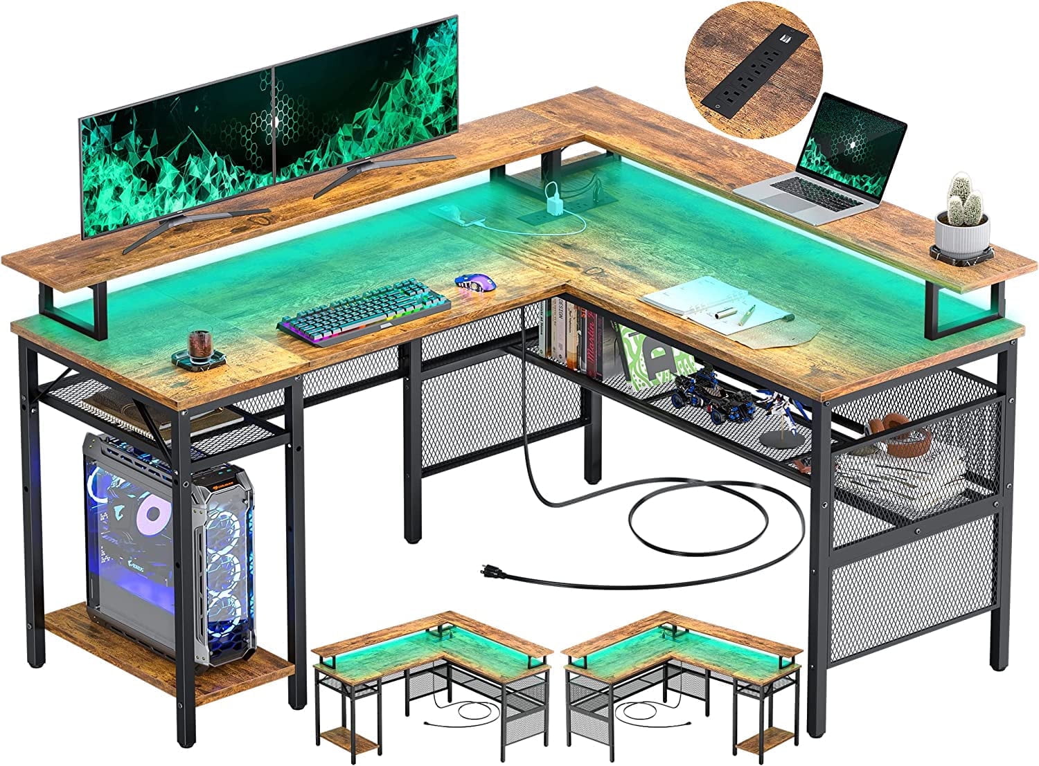 Homieasy 55in L-Shaped Gaming Desk with Power Outlets, LED Light, and ...
