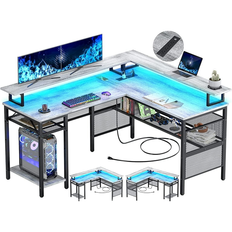 Homieasy L Shaped Computer Desk Reversible Corner Desk with Power Outlet and LED Strip Gaming Table with Monitor Stand and Storage Shelf Ergonomic