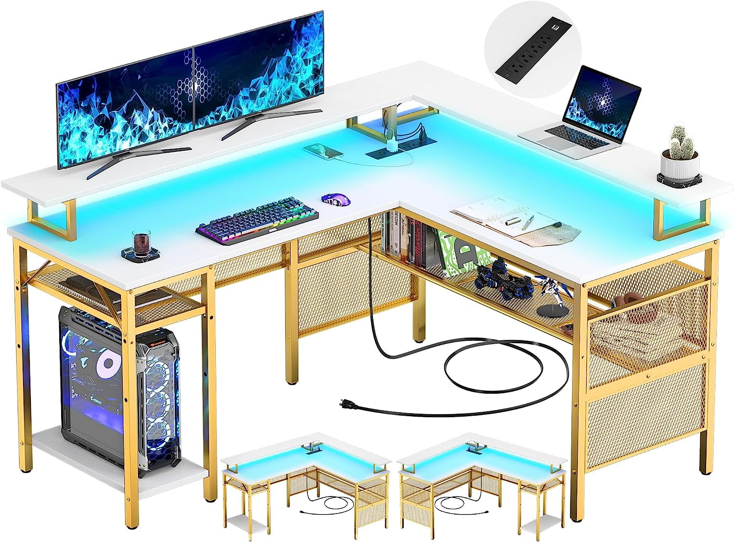 Homieasy 55 inch L-Shaped Gaming Desk with LED Light, Power Outlets ...