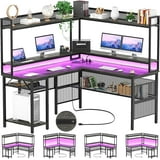 Homieasy L Shaped Desk with Power Outlets, LED Lights, Hutch, Storage ...