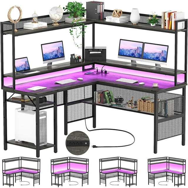 Homieasy L Shaped Desk with Power Outlets, LED Lights, Hutch, Storage ...