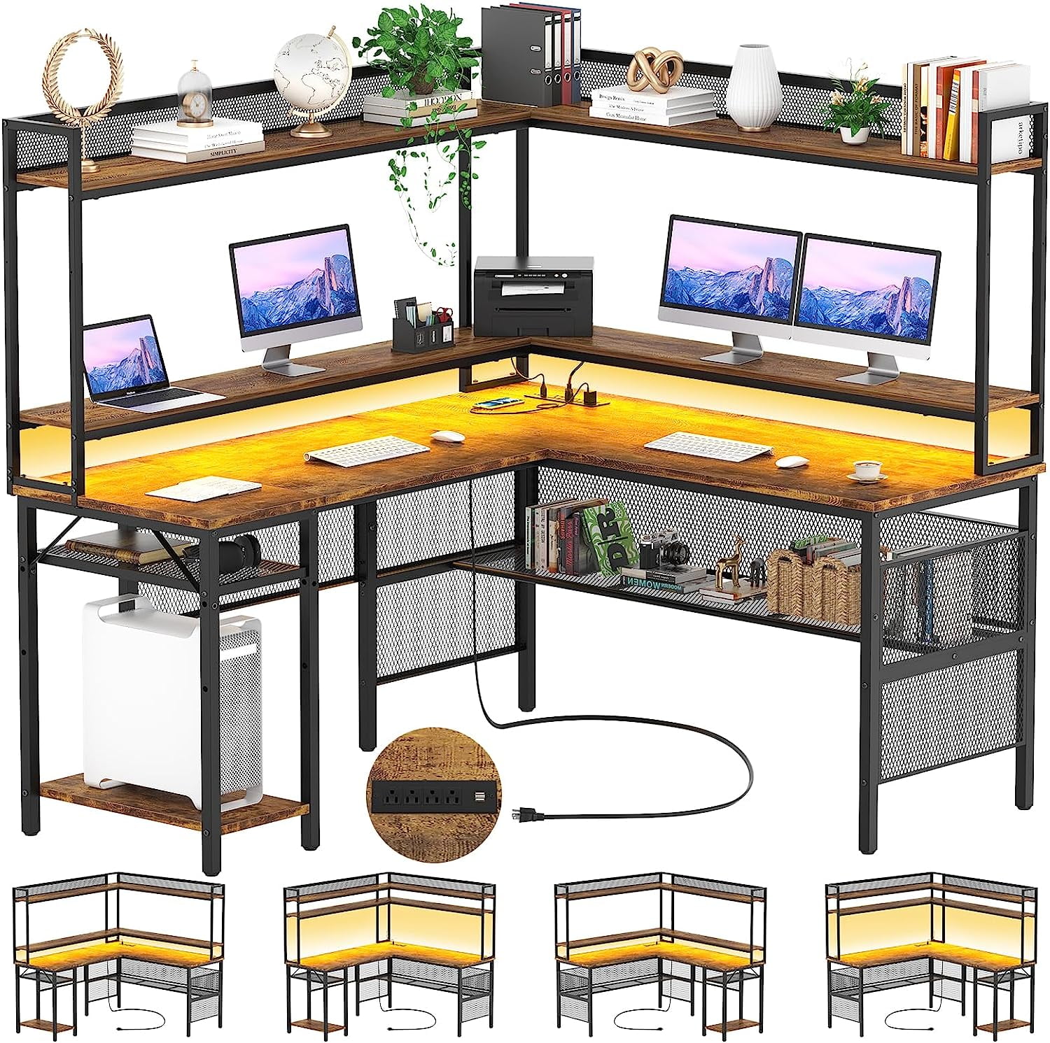 Homieasy L Shaped Gaming Desk with Monitor Stand, Power Outlets, LED ...