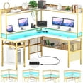 Homieasy L Shaped Desk with Outlets, LED Lights, Reversible Corner Desk ...