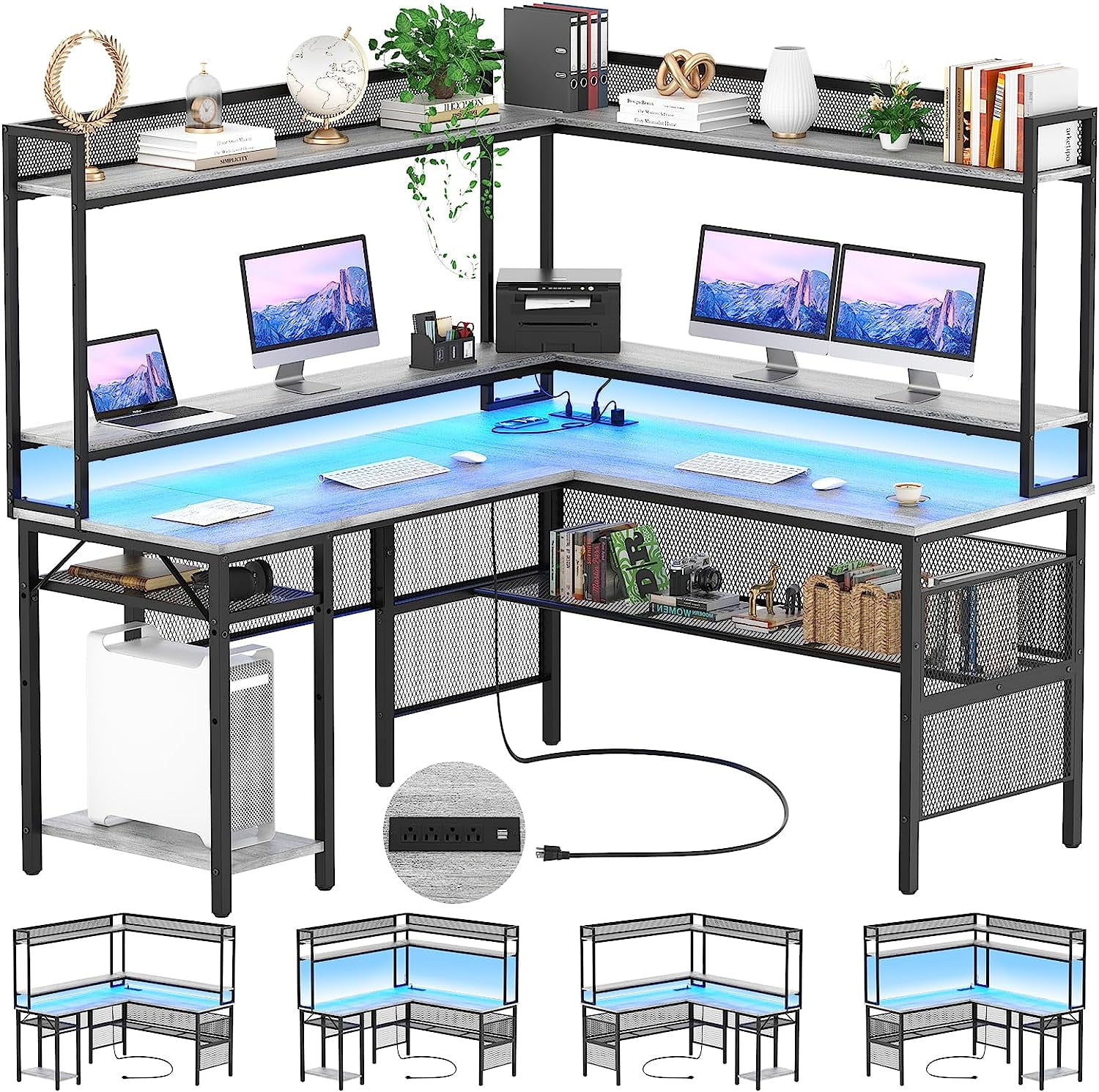 Homieasy L-Shaped Desk w/ Outlets & LED Lights, Reversible Corner ...