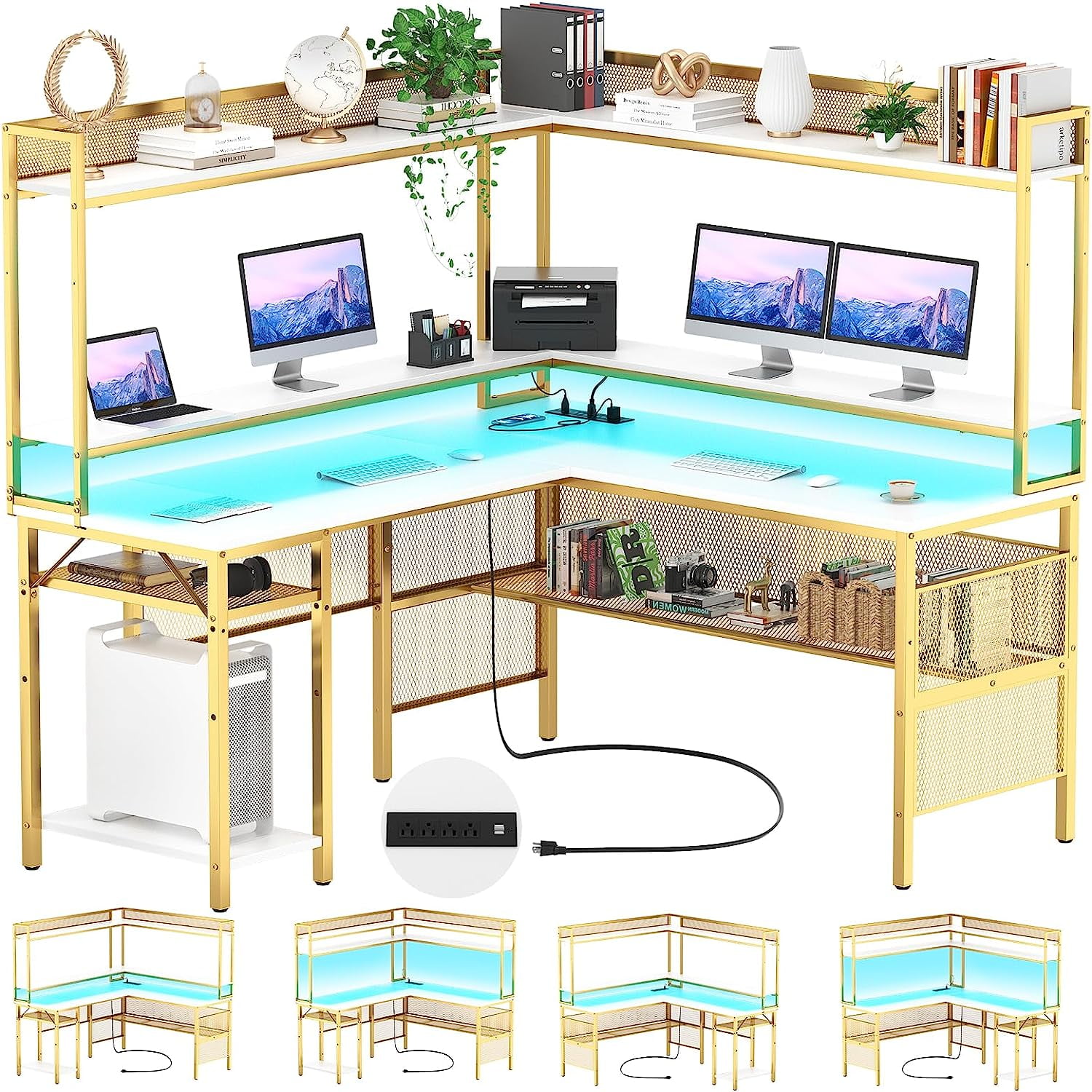 Homieasy L Shaped Desk with Power Outlets and LED Lights, Reversible ...