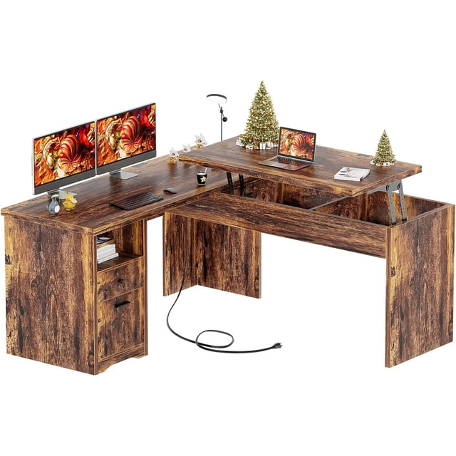 Homieasy L-Shaped Electric Desk, Power Outlets & USB, Lift-Top Drawer ...