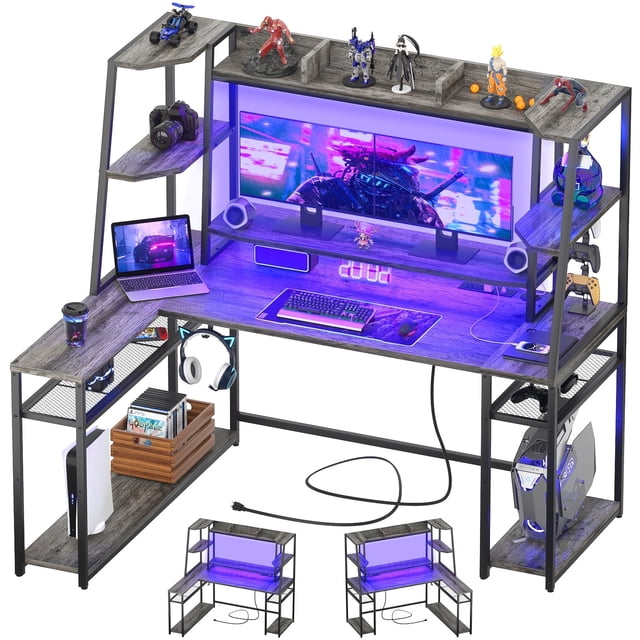 Homieasy 63'' L Shaped Gaming Desk with LED Lights, Power Outlets ...