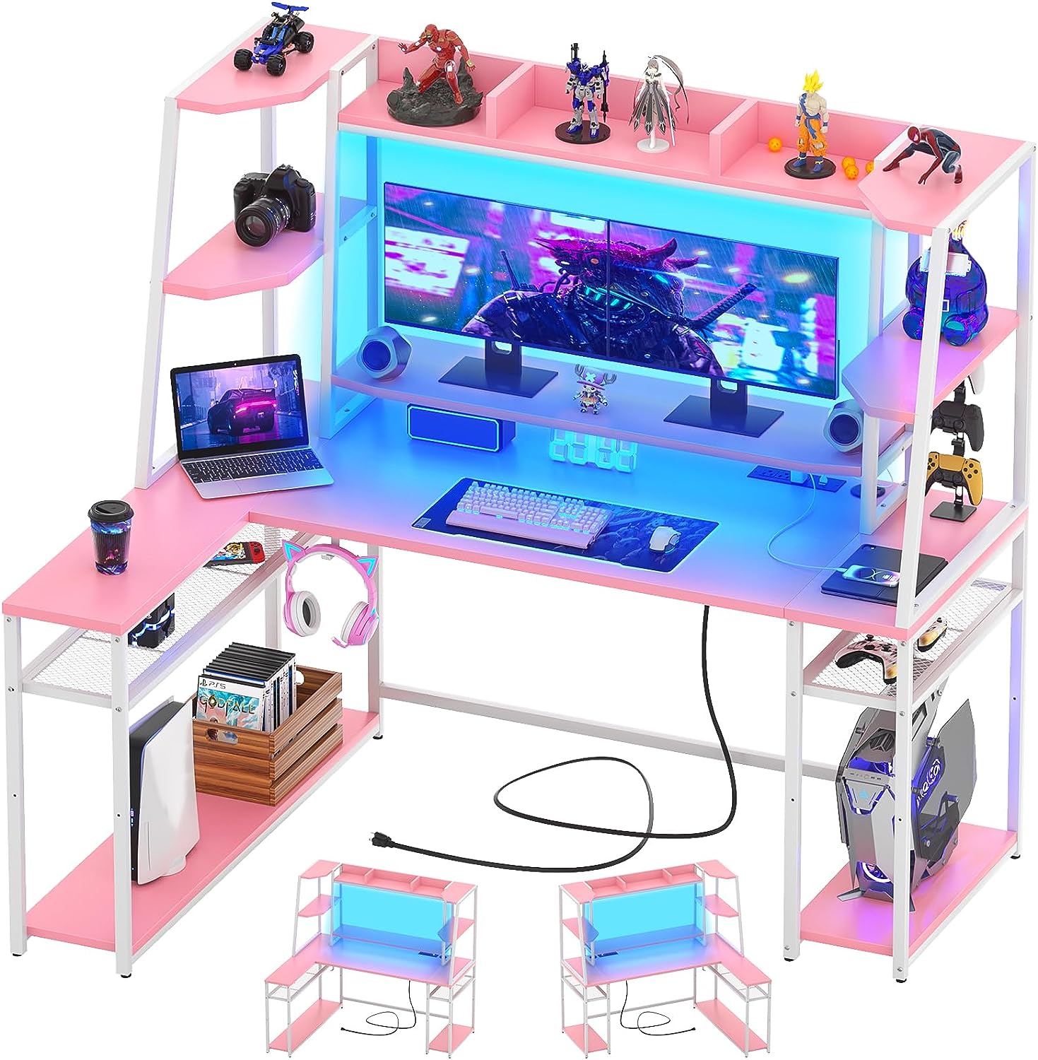 Homieasy L Shaped Desk with Power Outlets and LED Lights, 55 Inch ...