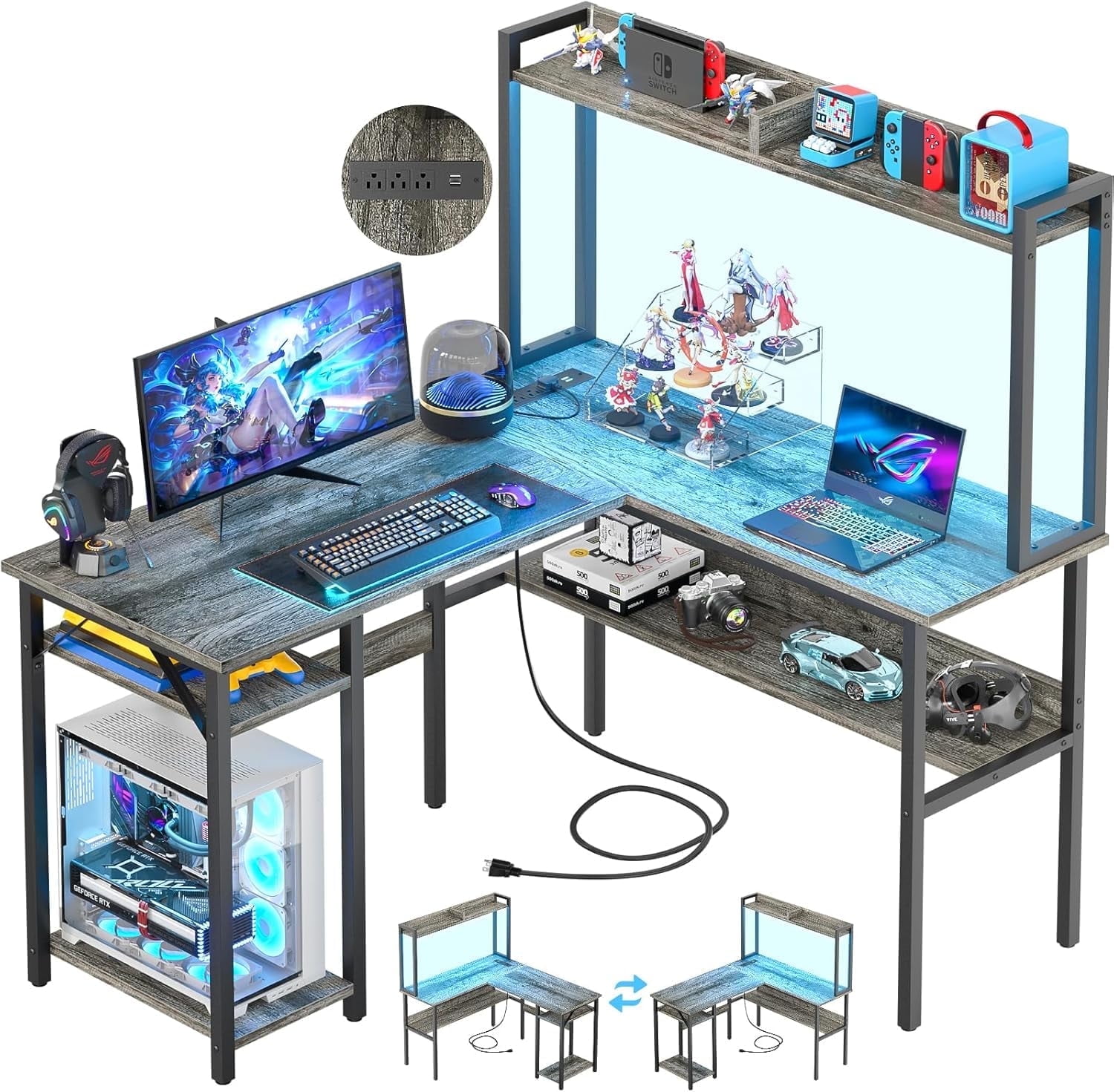 Homieasy L Shaped Gaming Desk with LED Strip and Power Outlets ...