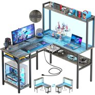 Homieasy Corner Gaming Desk with Keyboard Tray, LED Light, Hutch & USB ...