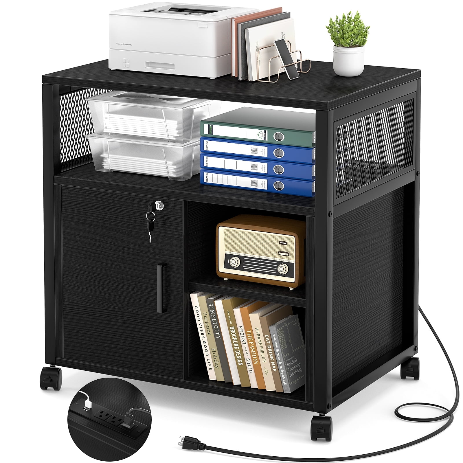 Homieasy Mobile File Cabinet with Lock, USB Ports & Power Sockets ...