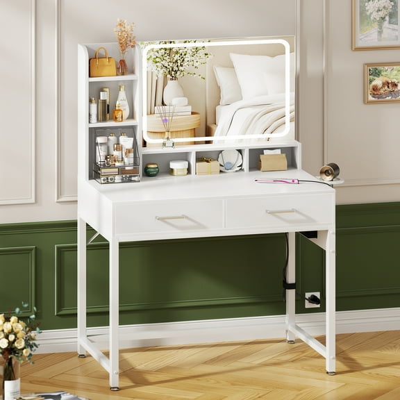 Vanity Table with Sliding Lighted Mirror, Makeup Vanity Desk with ...