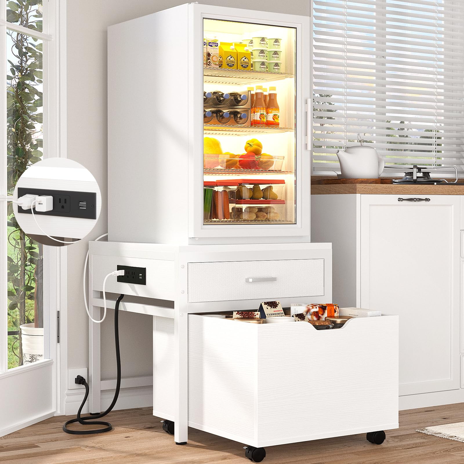 Homieasy Mini Fridge Stand with Drawer Storage & Sockets, Heavy Duty ...