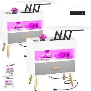 Nightstand with Charging Station and LED Lights, Night Stand with Hutch ...