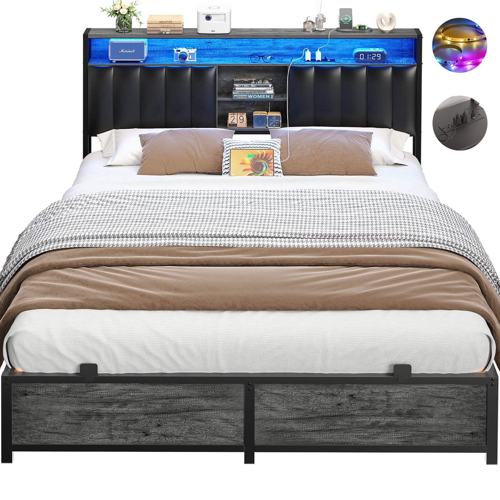 Homieasy Queen Bed Frame with USB Ports, LED Lights, Storage & Leather ...