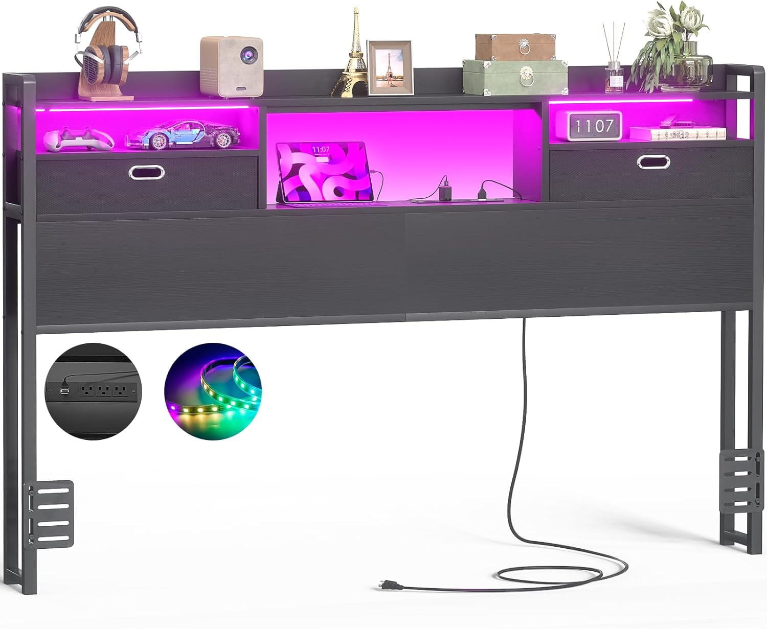 Homieasy Queen Headboard with Drawer Storage and LED Light, Wood ...