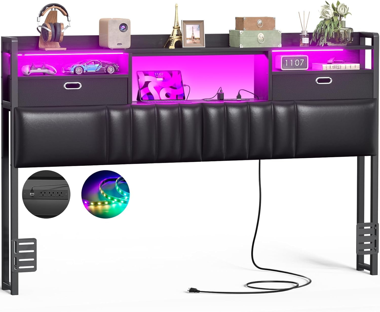 Homieasy Queen Headboard with Drawer Storage and RGB LED Light, Queen ...