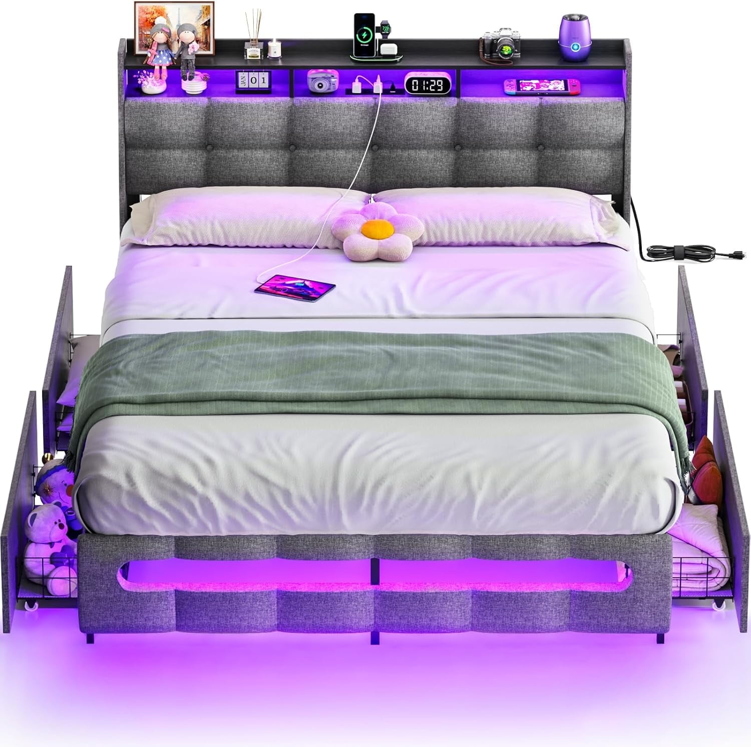 Homieasy Queen Size Bed Frame with Drawers Charging Station LED Light ...