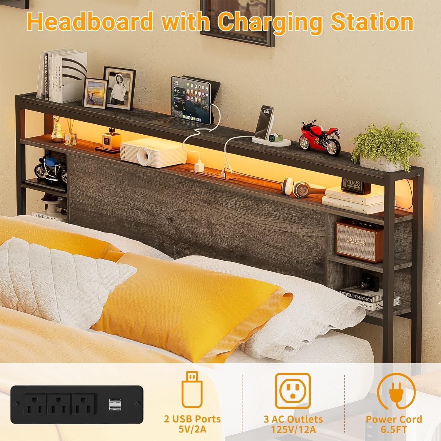 Homieasy Queen Size Bed Frame with Storage Headboard, Power Socket and ...