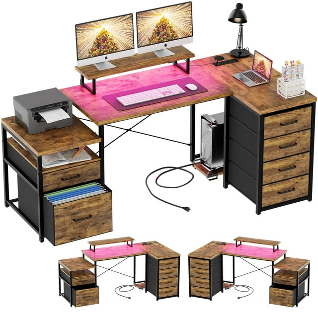 Homieasy Reversible L Shaped Desk with Storage, RGB LED Lights & Power ...