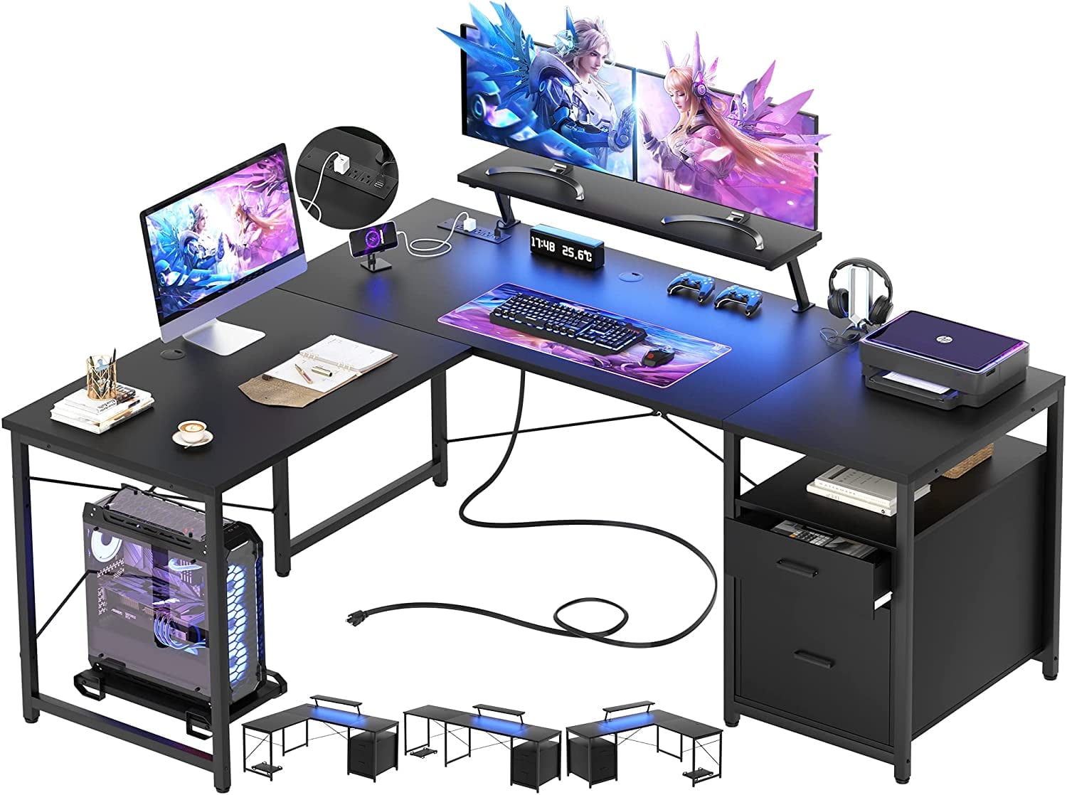 Homieasy Reversible L-Shaped Gaming Desk with Power Outlet & LED Light ...
