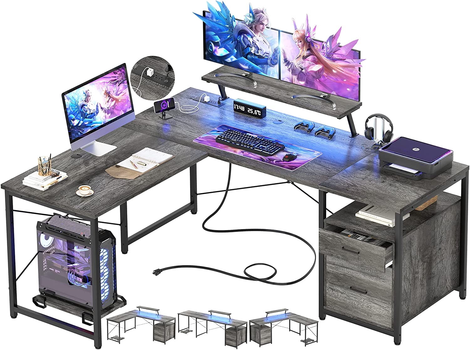 Homieasy Reversible L-Shaped Gaming Desk with Power Outlet & LED Light ...