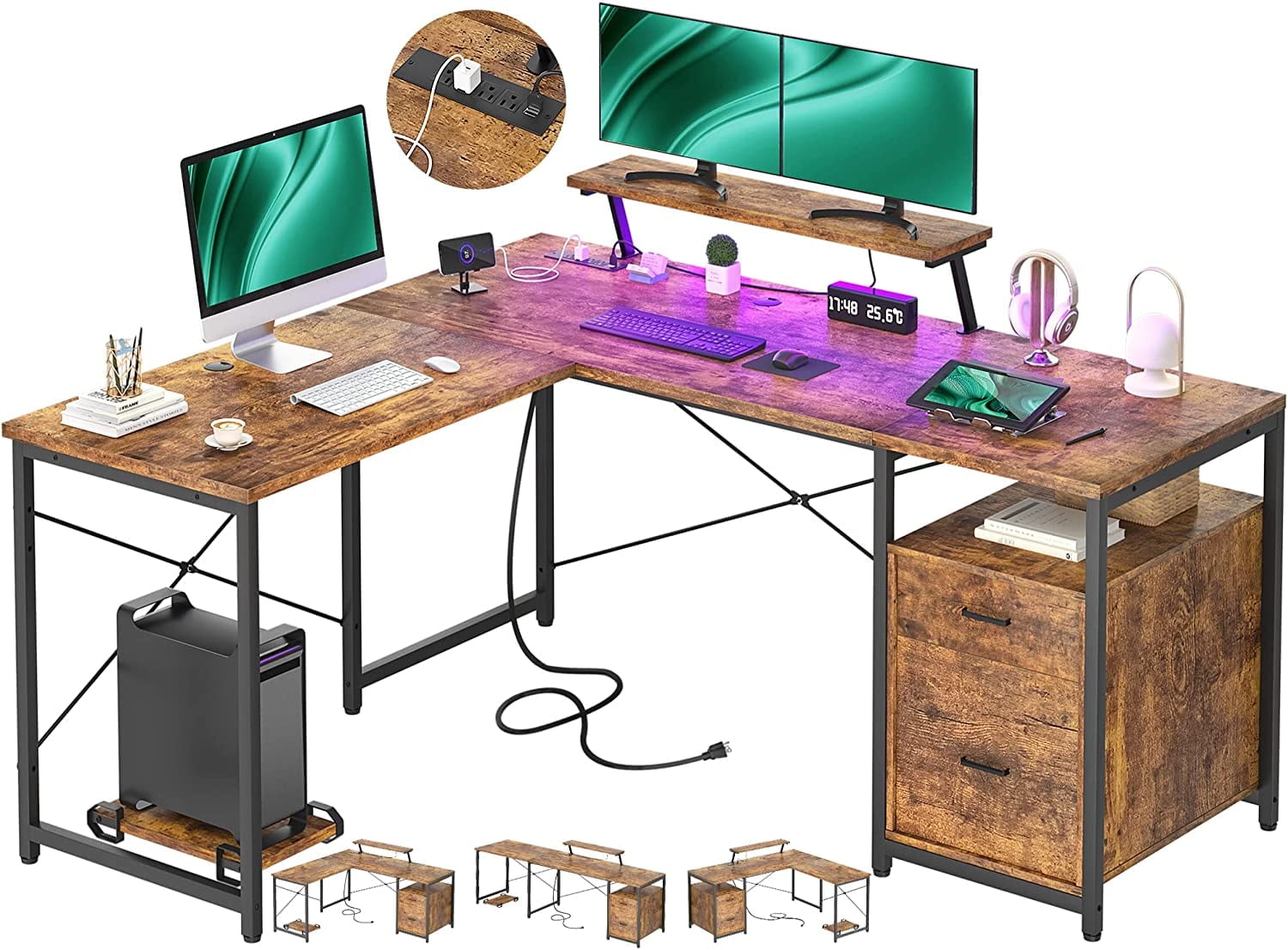 Homieasy Reversible L-Shaped Gaming Desk with Power Outlet & LED Light ...