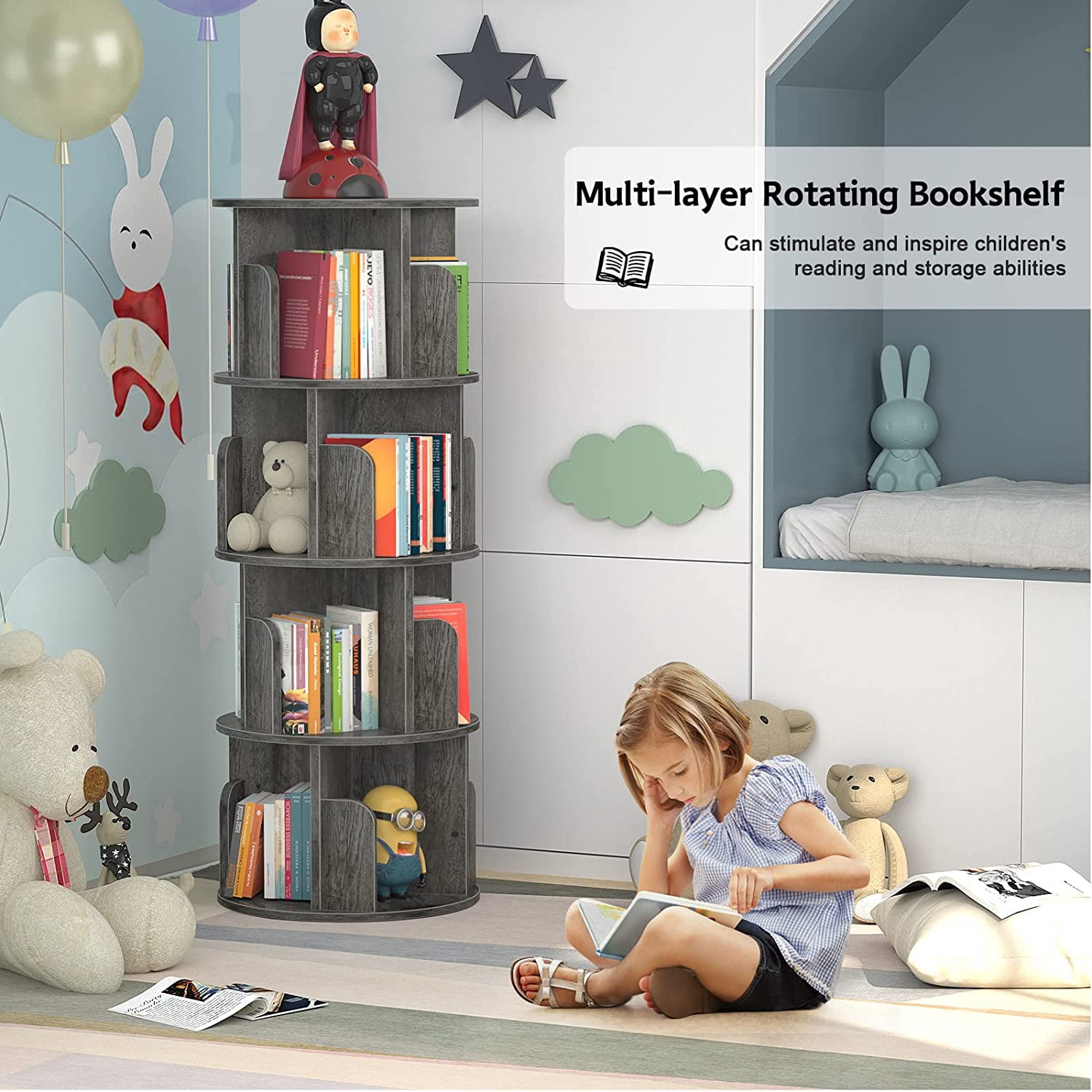 AABBCC Rotating Bookshelf, 360° Display, 4 Tier Narrow Bookcase, Grey ...