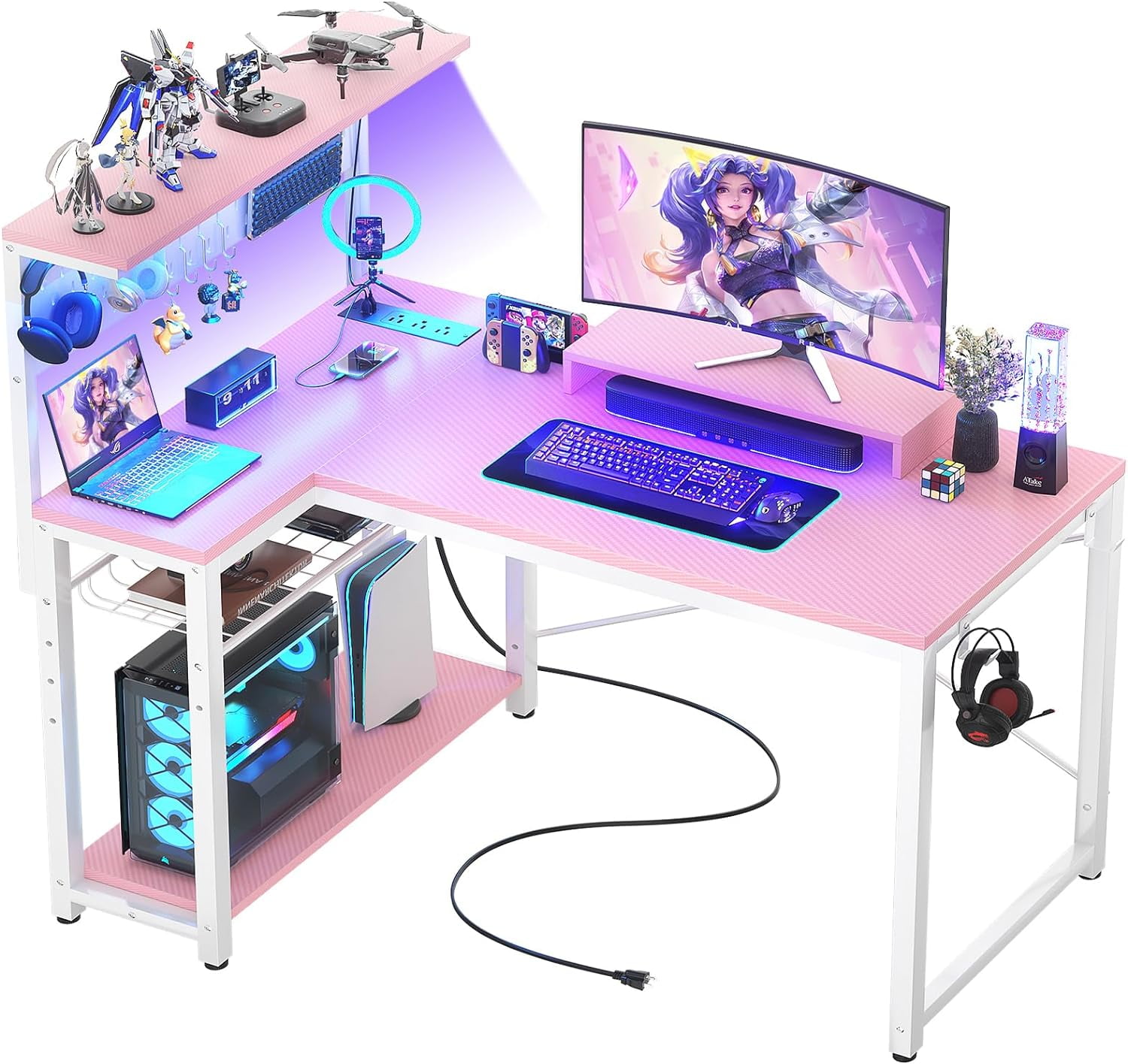 Homieasy Small Gaming Desk with Power Outlets Pegboard LED Light, 43 ...