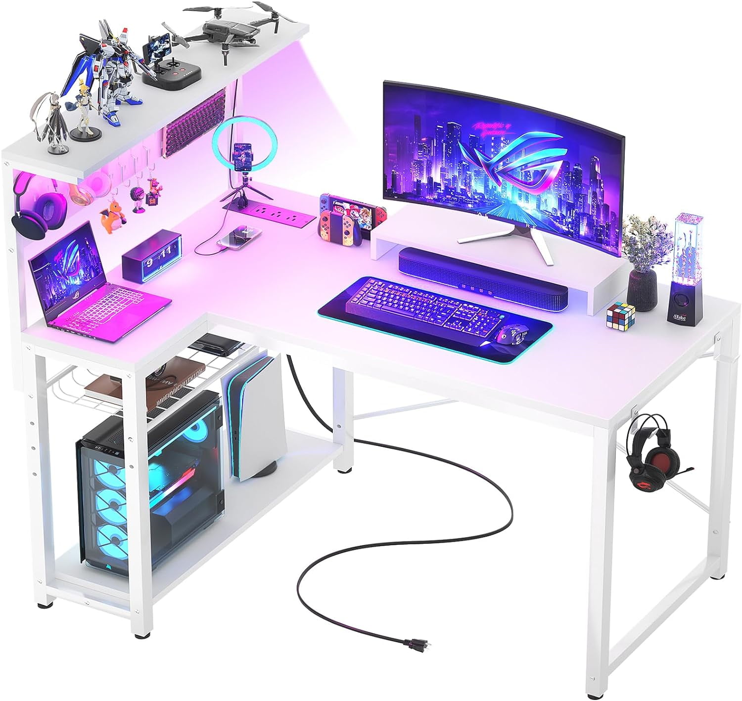 Homieasy Small Gaming Desk with Power Outlets Pegboard LED Light, 43 ...