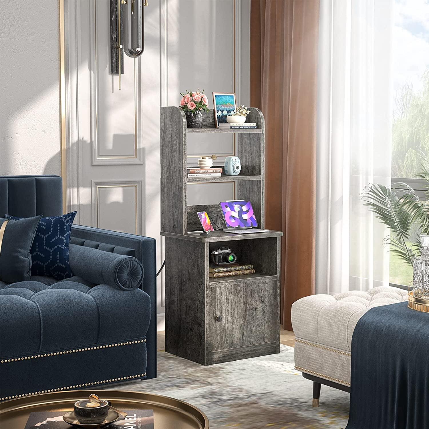 Homieasy Tall Nightstand with Charging Station and LED Lights - 47 ...