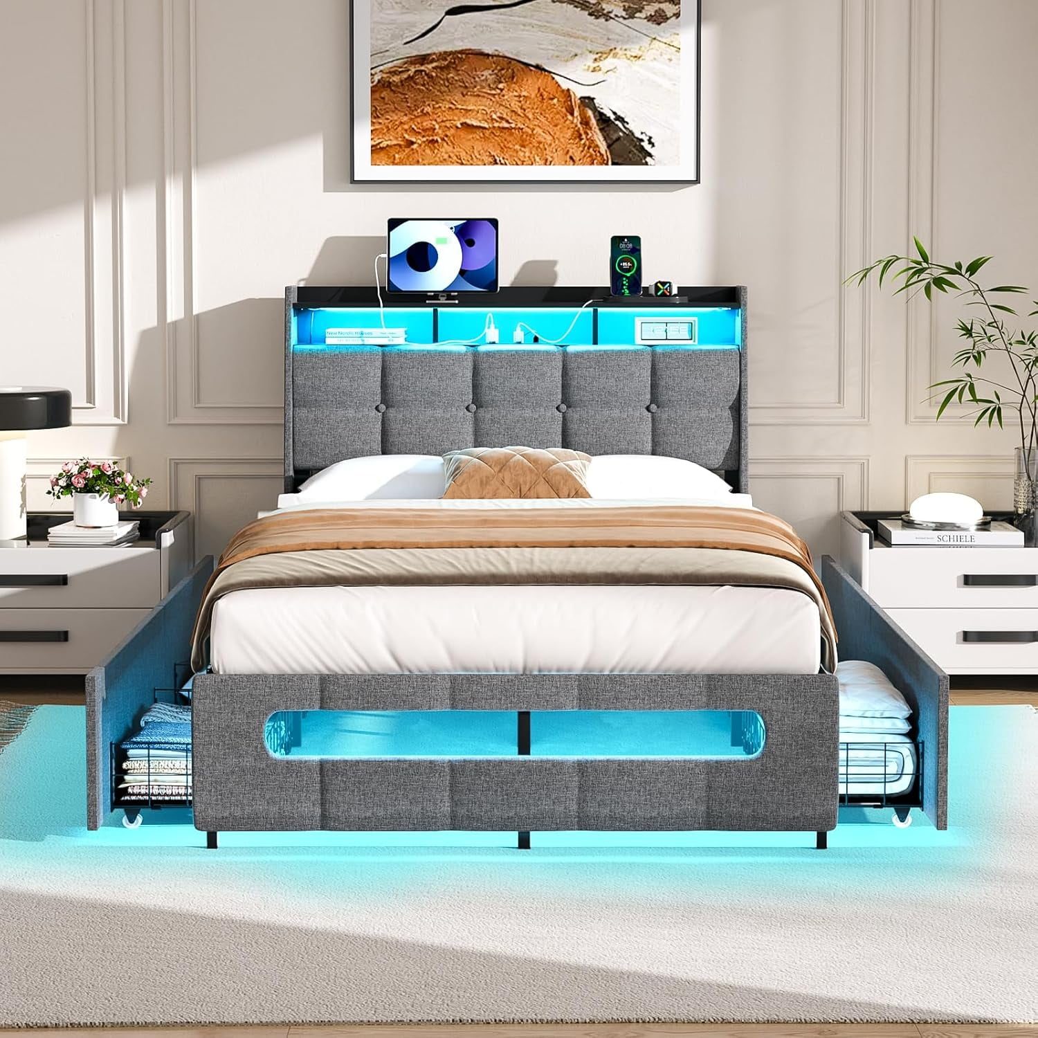 Homieasy Twin Size Bed Frame with Drawers Charging Station LED Light ...
