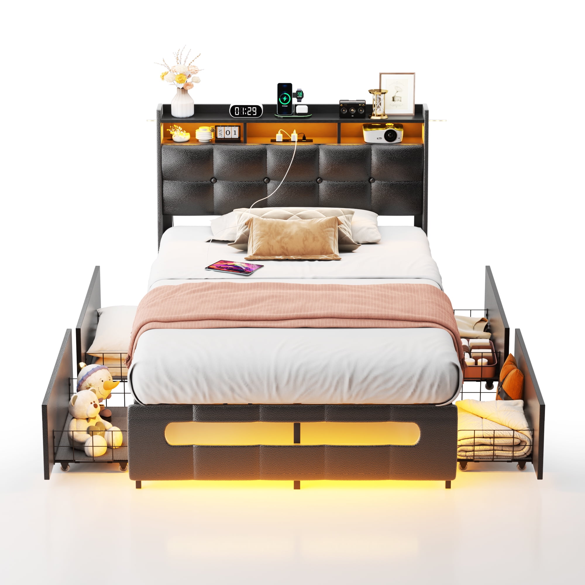 Homieasy Twin Size Bed Frame with Drawers Charging Station LED Light ...
