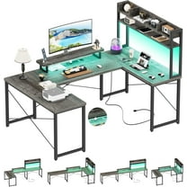 Homieasy U Shaped Gaming Desk with Power Outlet, LED Strips, 129.9'', 2 ...