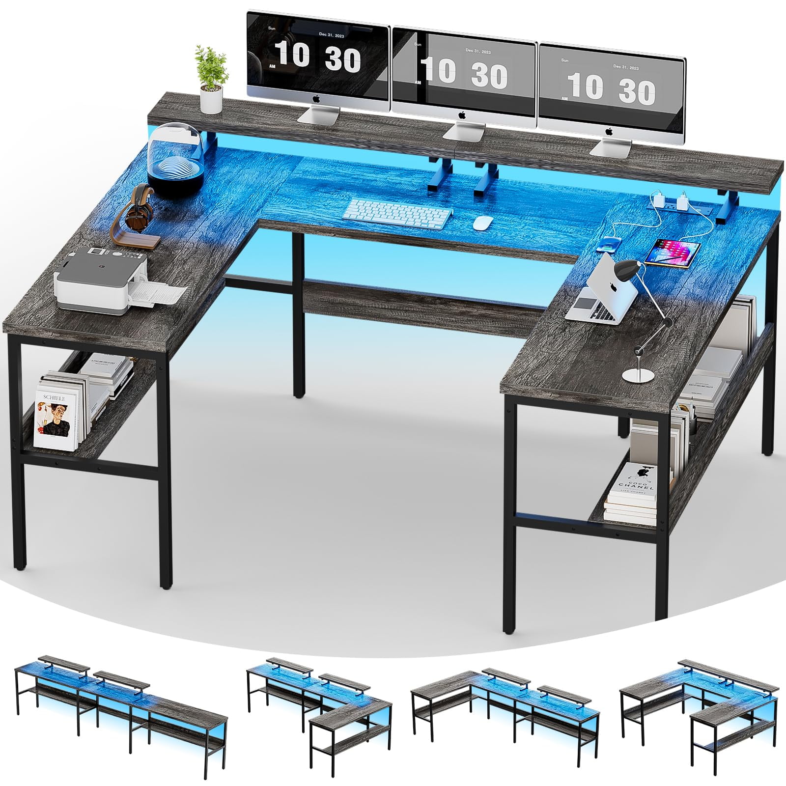 Homieasy U-Shaped Computer Desk, LED Lights, Power Outlets, Adjustable ...