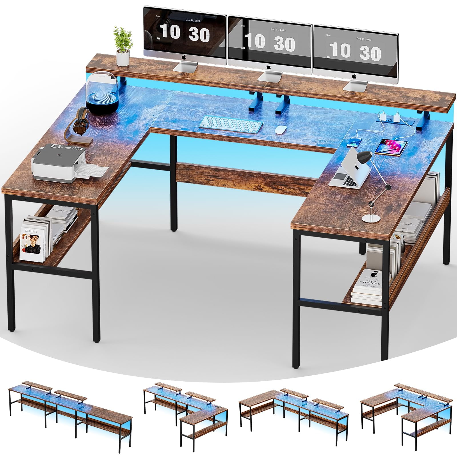 Homieasy U-Shaped Gaming Desk with Power Outlets, LED Lights, Monitor ...