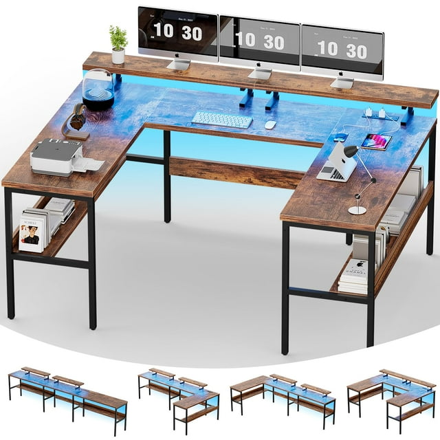 Homieasy U-Shaped Gaming Desk with Power Outlets, LED Lights, Monitor ...