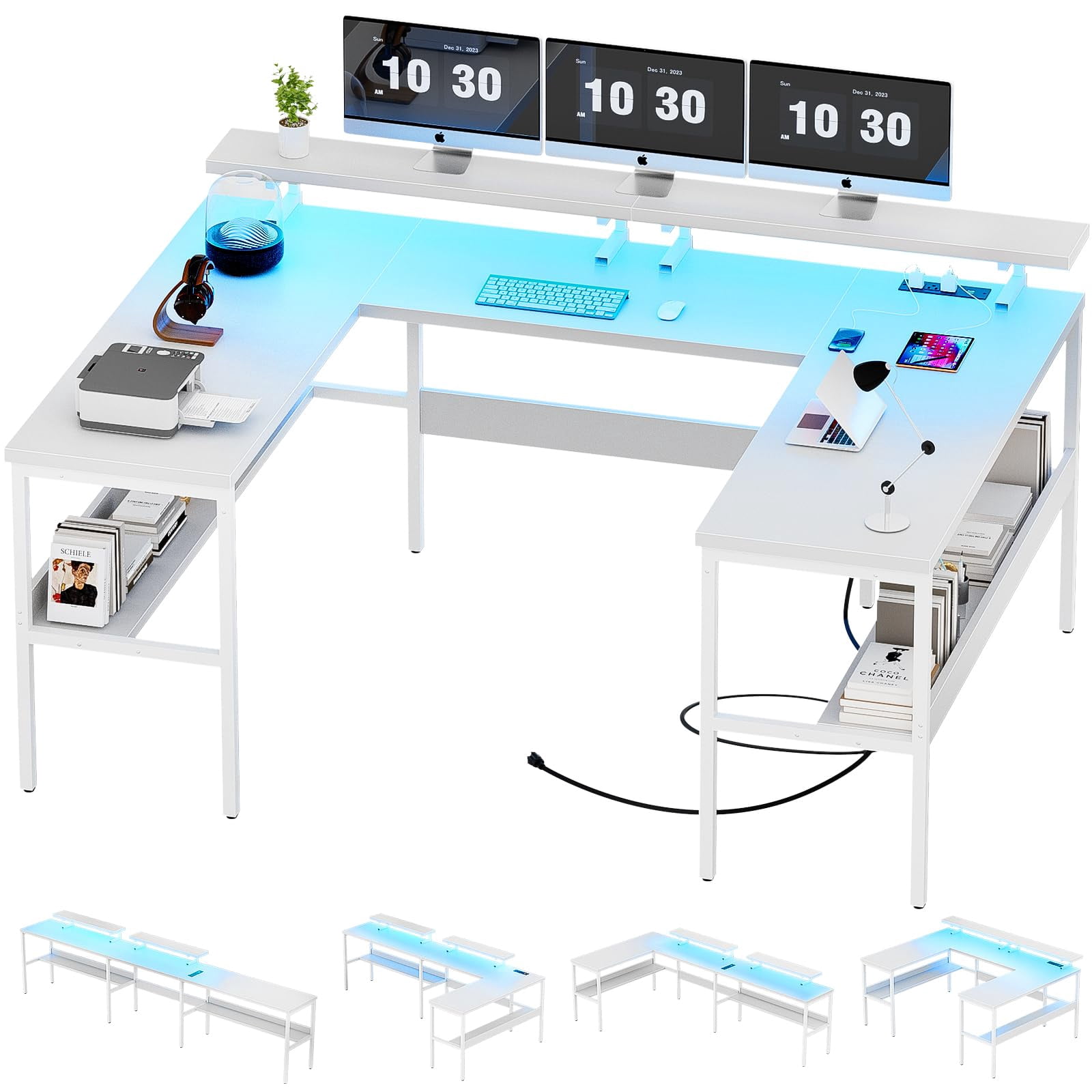 Homieasy U-Shaped Gaming Desk with Multiscreen Riser, Power Outlets ...