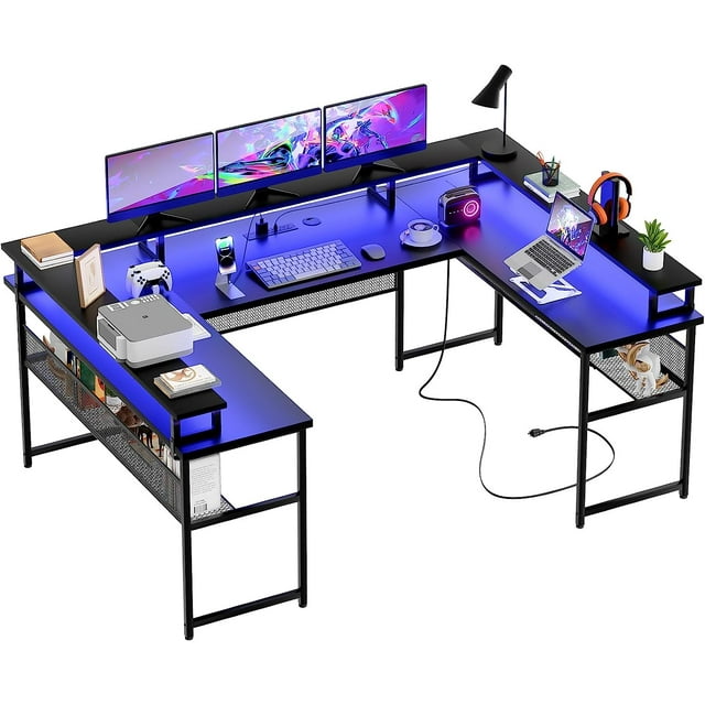 Homieasy Long U Shaped Gaming Desk with Shelves, Power Outlets and LED ...